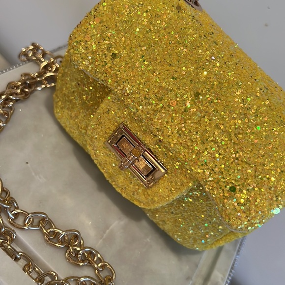 Bags | Glitter Mini Bag Neon Yellow Color With Gold Chain 5x4x2 | Poshmark